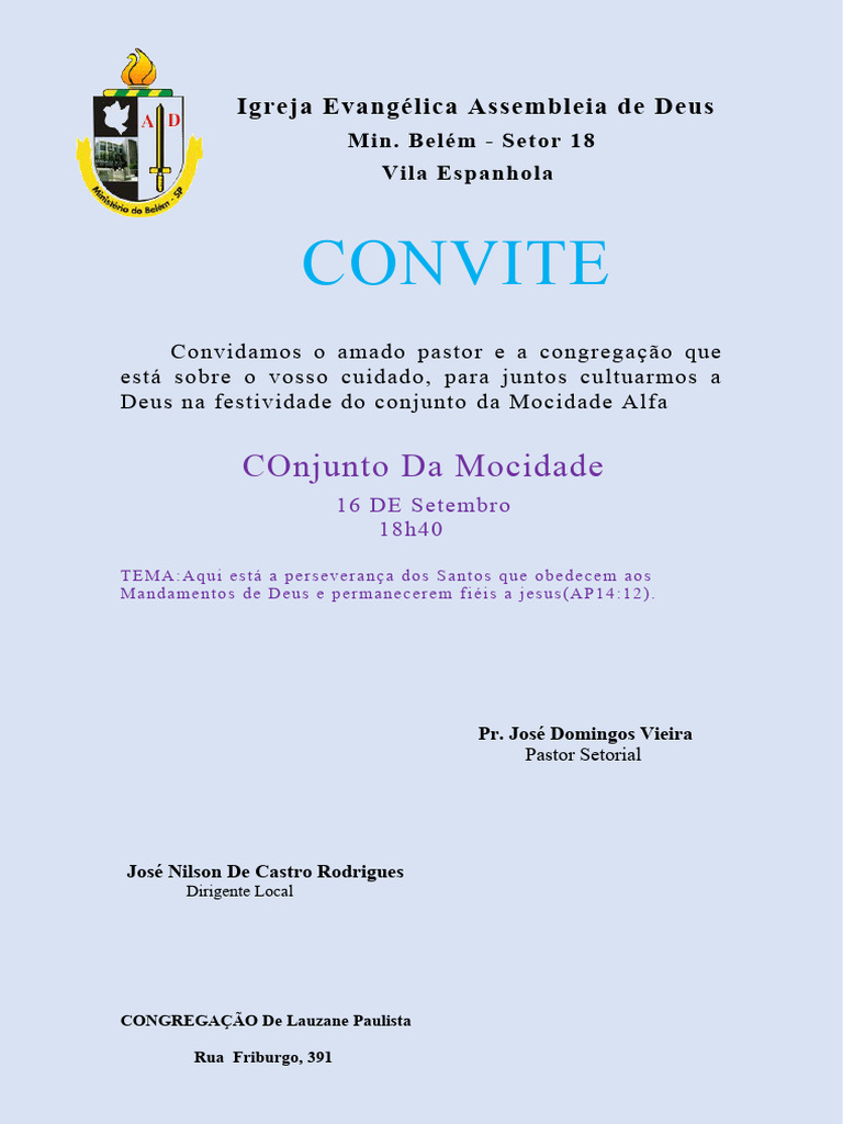 Carta Convite Mocidade Lauzane | PDF