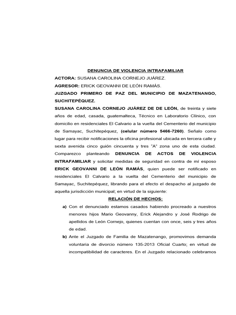 Denuncia de Violencia Intrafamiliar SUSANA CAROLINA | PDF | Justicia ...