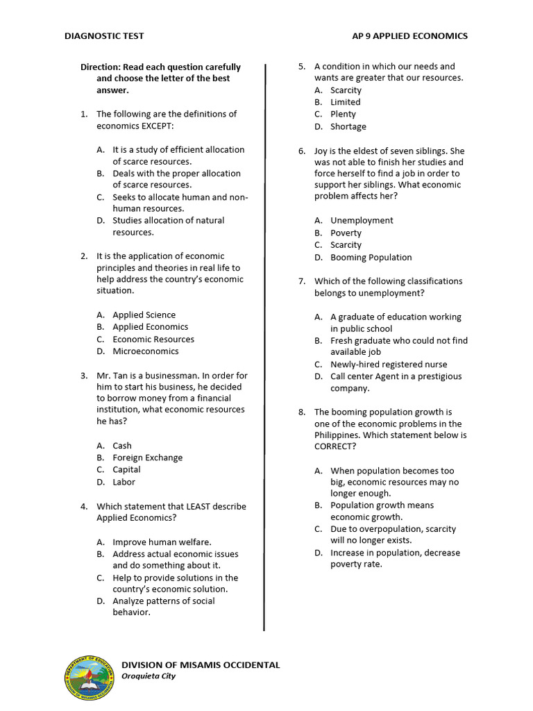 Applied Economics - Diag Test | PDF | Monopoly | Demand