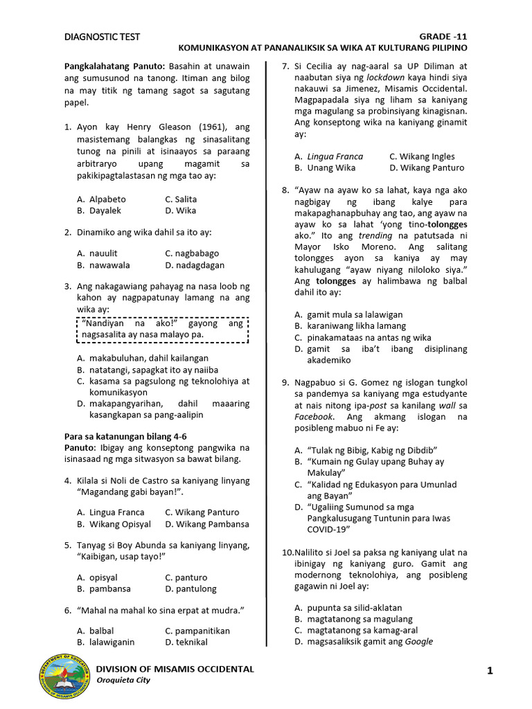 Filipino SHS KP Diagnostic Test | PDF
