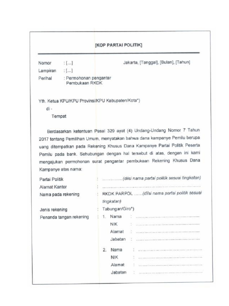 Contoh Surat Permohonan Pengantar Pembukaan RKDK | PDF