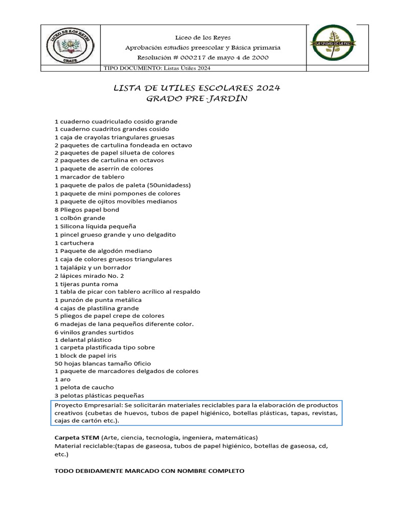lISTAS ESCOLARES 2024 | PDF | Papel | Dibujo