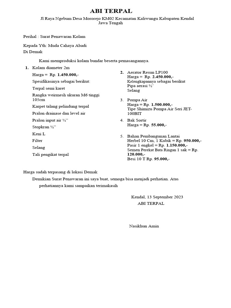 Penawaran Dari ABI TERPAL | PDF | Griya & Taman