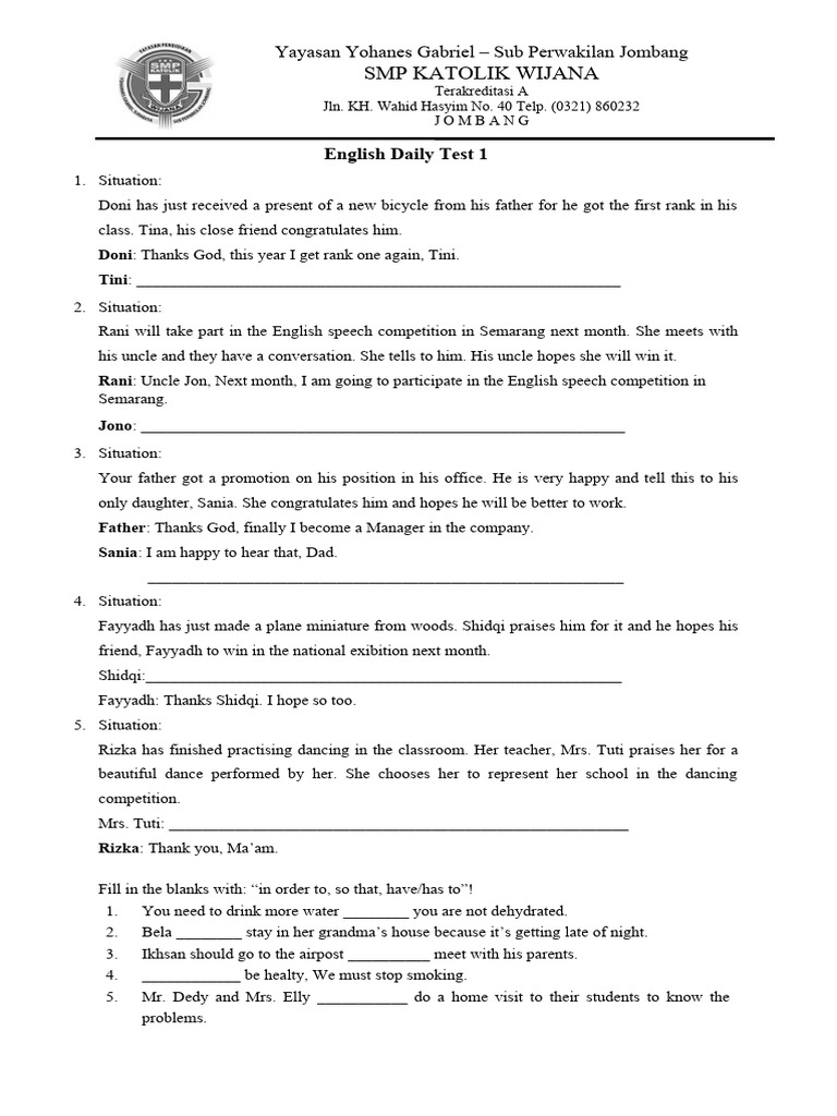 English Daily Test 1 21-22 | PDF | Self-Improvement