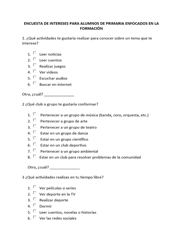 Encuesta de Intereses Escolares Primaria | PDF