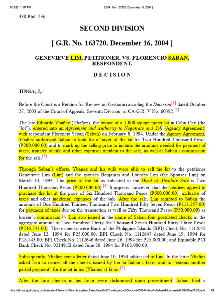 Genevieve Lim v. Florencio Saban, GR No. 163720, December 16, 2004 ...