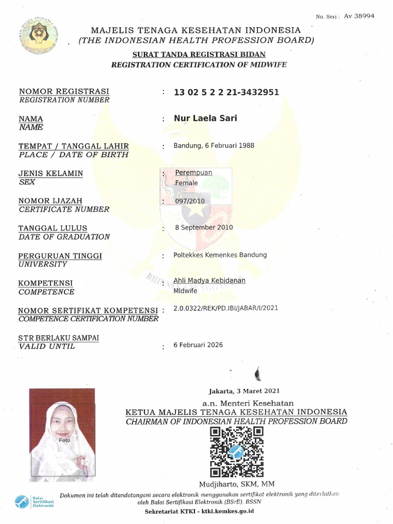 Surat Tanda Registrasi Bidan - Nurlaelasari | PDF