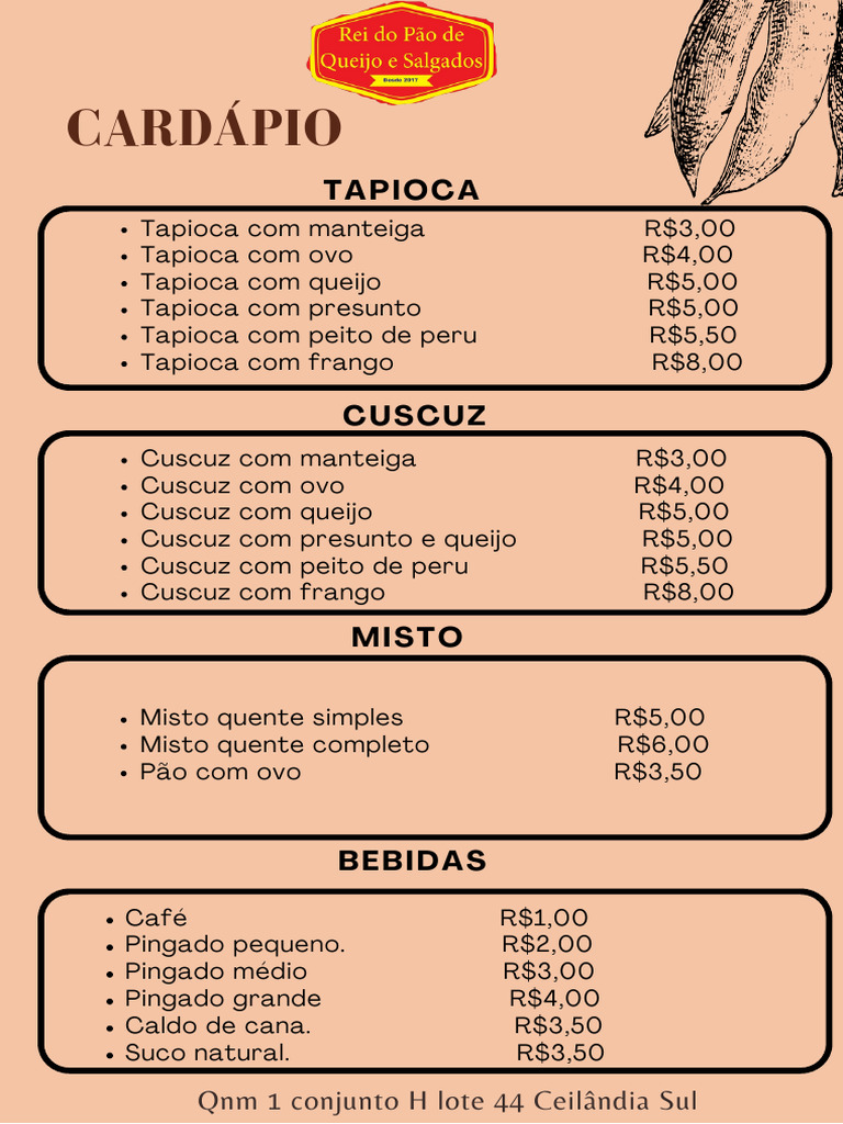 Cardápio de Tapioca A4 | PDF | Alimentos | Culinária