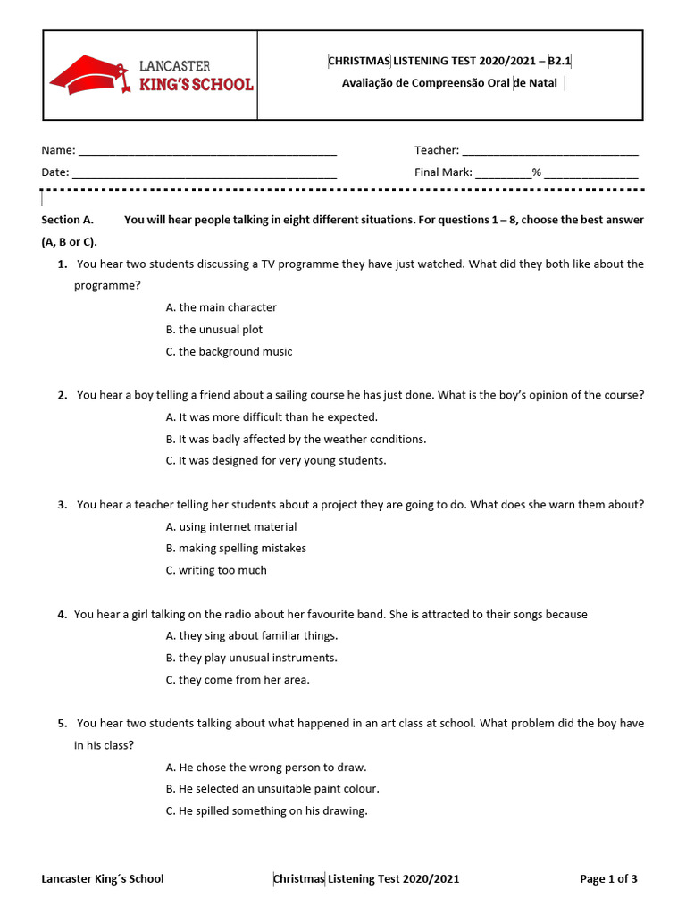 B2.1.Christmas Listening Test.2020.2021 | Download Free PDF | Chef