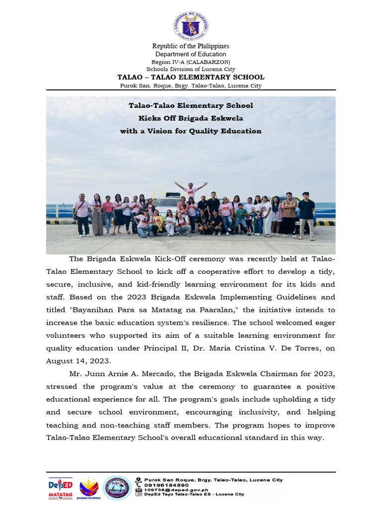 Kicks Off Brigada Eskwela | PDF | Learning | Behavior Modification Kicks Off Brigada Eskwela | PDF | Learning | Behavior Modification