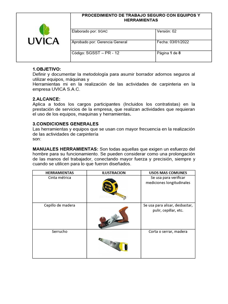 Procedimiento de Uso de Herramientas y Equipos | PDF | Herramientas | Carpintería
