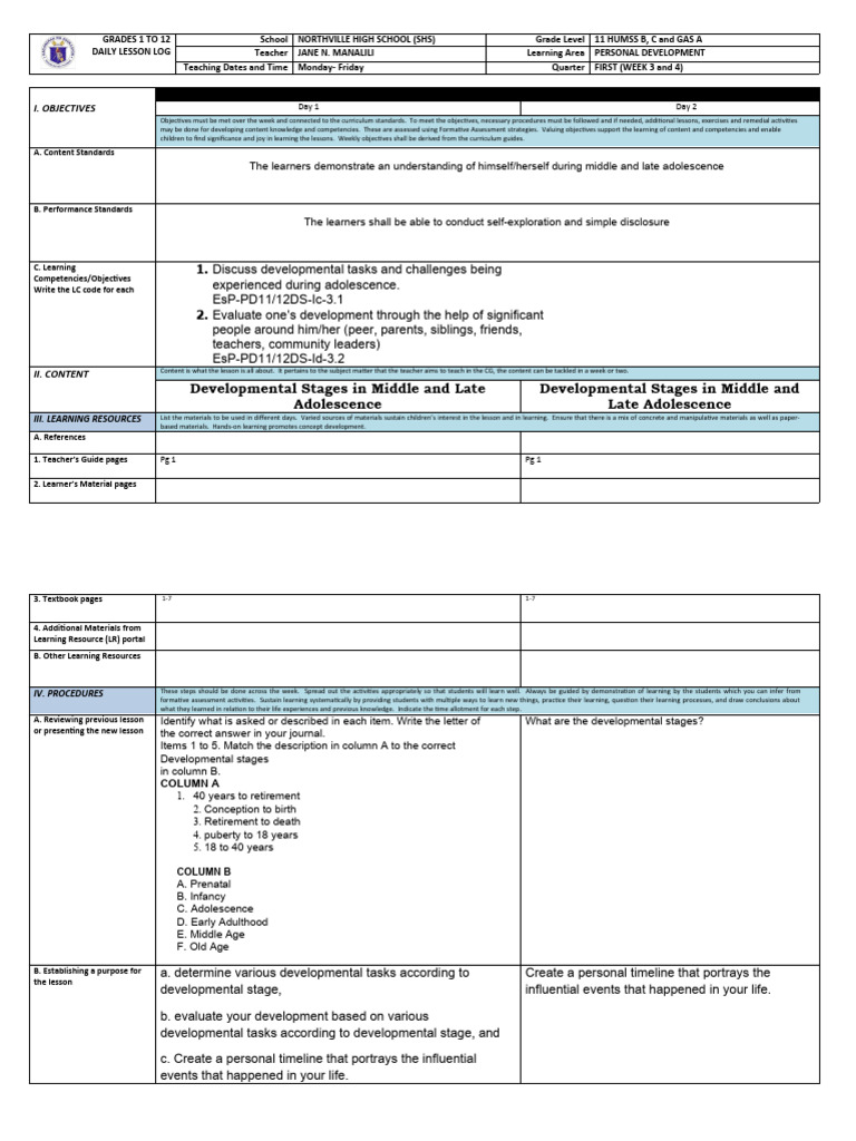 DLL Personal Development Week 3 | PDF | Learning | Adolescence