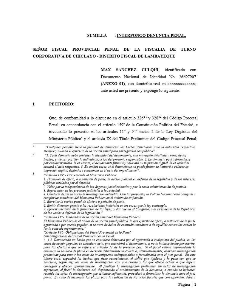 Plantilla para Denuncia - NCPP | PDF | Fiscal | Derecho penal