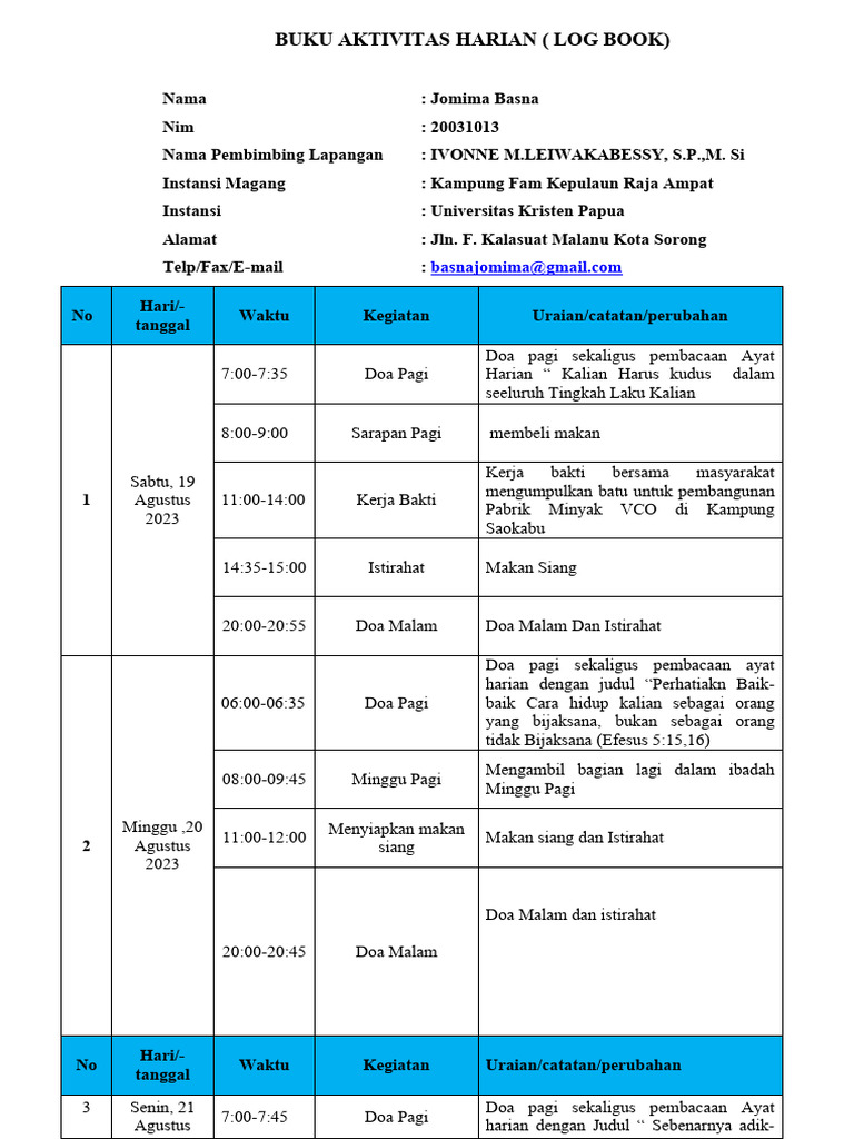 Buku Aktivitas Harian (Log Book) | PDF