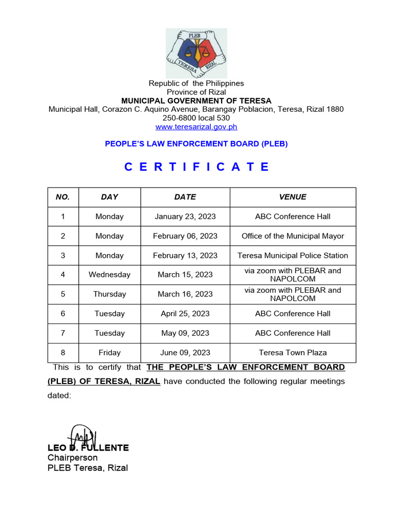 PLEB Meeting Schedule for Teresa, Rizal | PDF