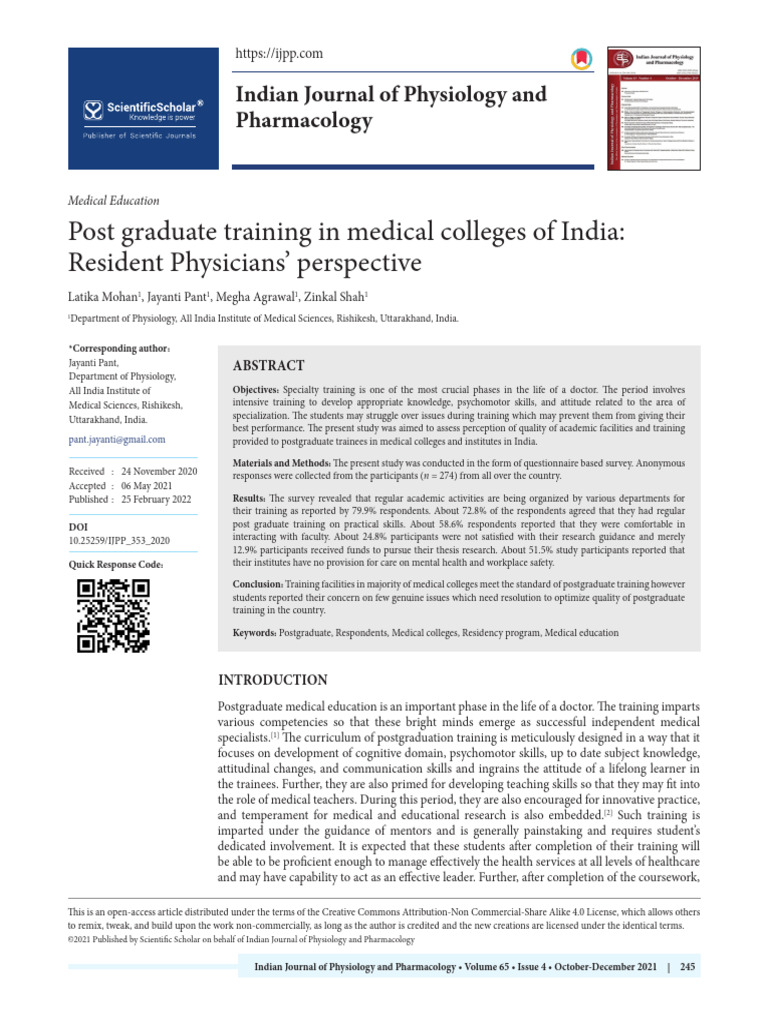 Post Graduate Training in Medical Colleges of India - Resident Physicians’ Perspective | PDF ...