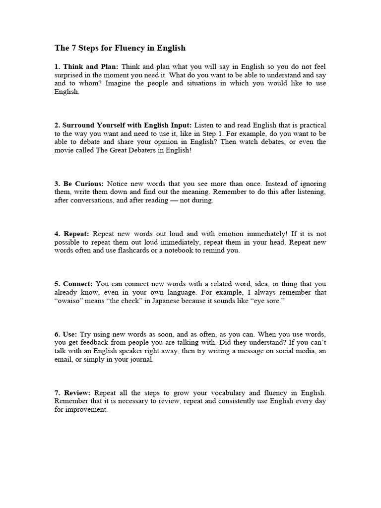 The 7 Steps For Fluency in English | PDF