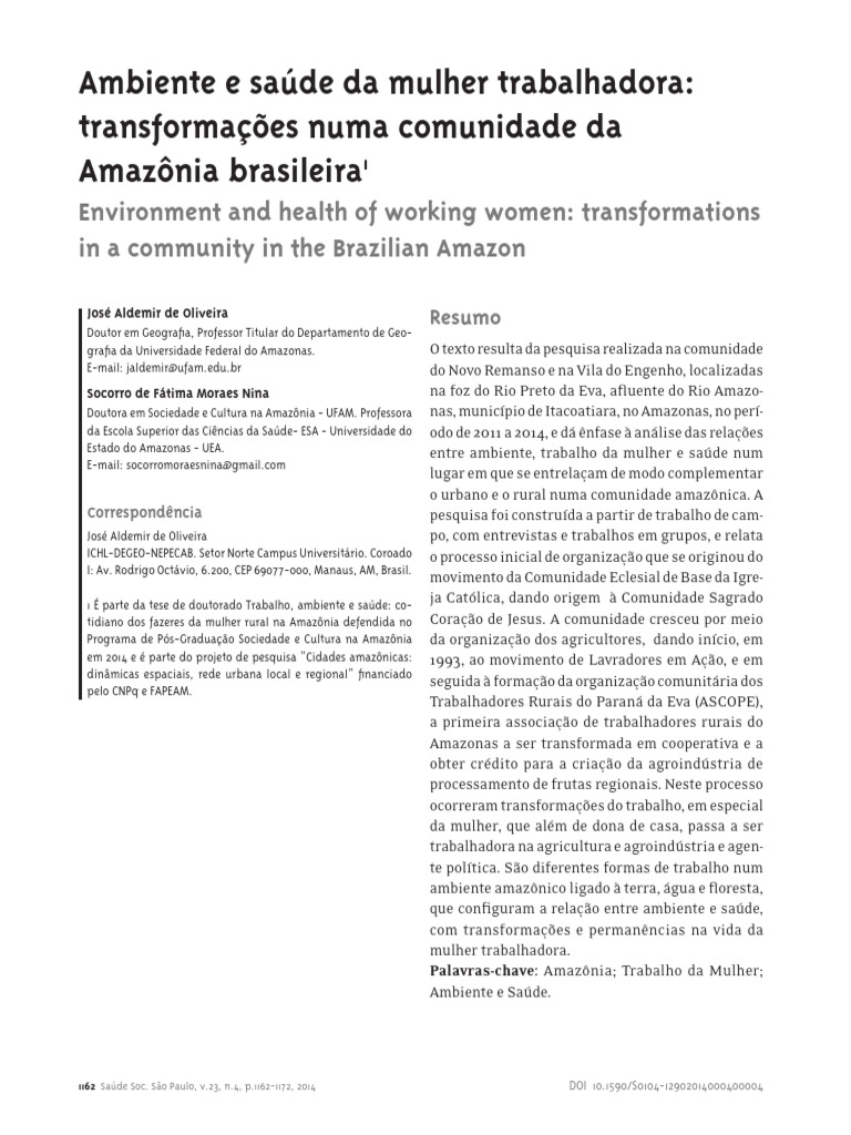 Ambiente e Saúde Da Mulher Trabalhadora Transformações Numa Comunidade ...