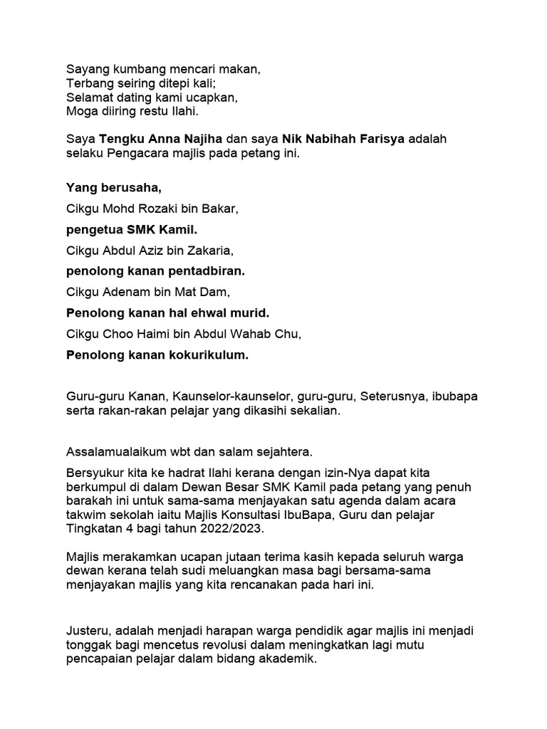 Teks Emcee MJLIS KONSULTASI TING 4 2022 | PDF