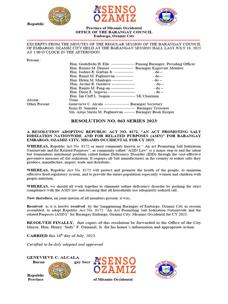 Barangay Embargo Adopts ASIN Law | PDF | Solid State Chemistry | Iodine