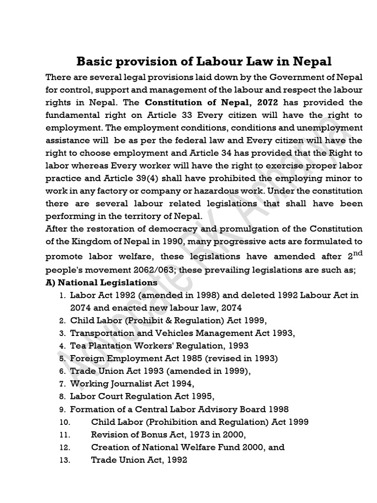 Basic Provision of Labour Law in Nepal | PDF | Labour Law | Employment