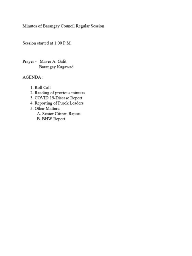 Minutes of Barangay Council Regular Session 2020 | PDF