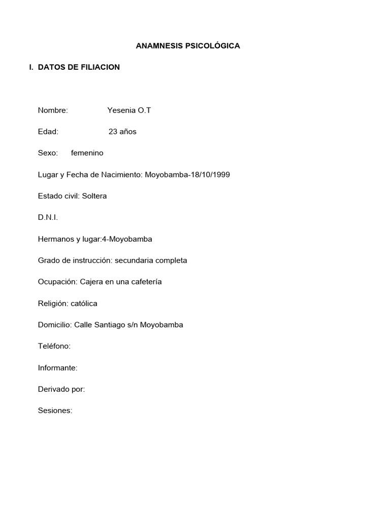 Formato de Anamnesis Psicológica | PDF | Sicología | Ansiedad