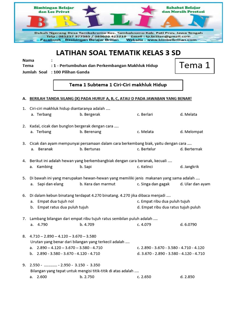 Soal Pilihan Ganda Kelas 3 SD Tema 1 | PDF