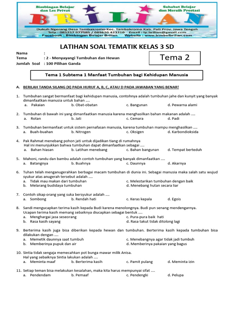 Soal Pilihan Ganda Kelas 3 SD Tema 2 | PDF | Griya & Taman | Sains & Matematika