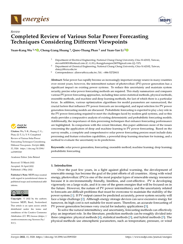 Completed Review Of Various Solar Power Forecasting Techniques