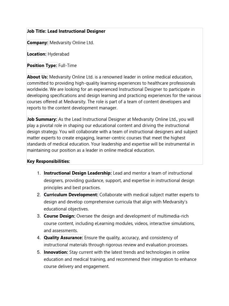 Lead Instructional Designer at Medvarsity | PDF | Instructional Design ...