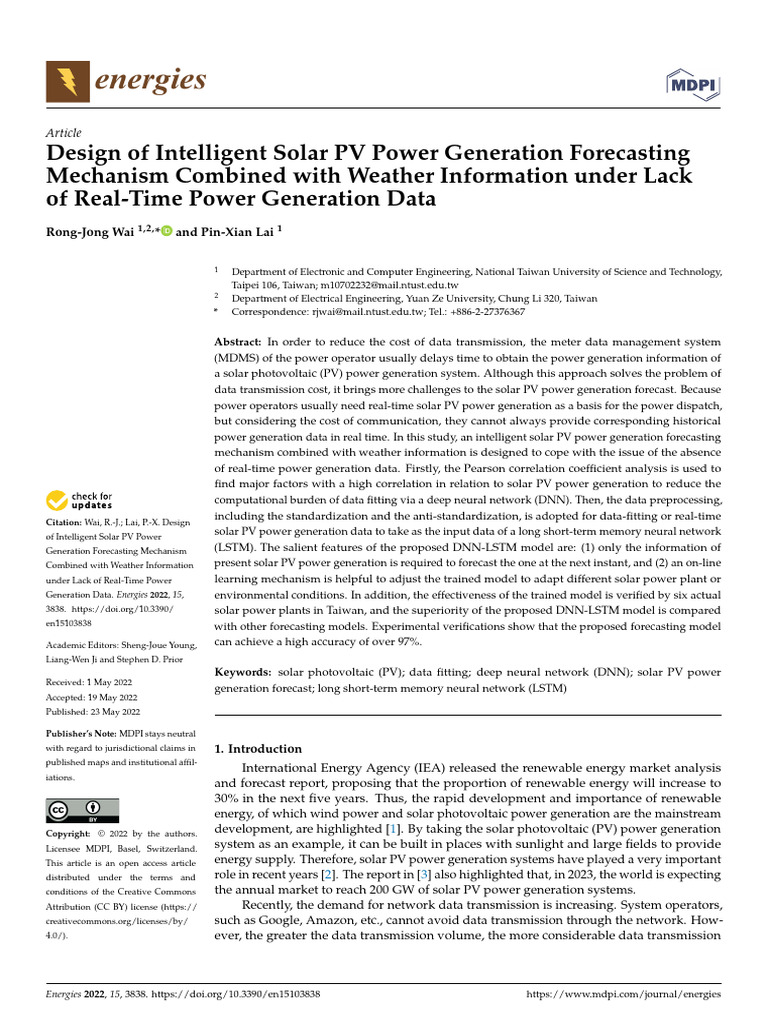 Design of Intelligent Solar PV Power Generation Forecasting Mechanism Combined With Weather ...