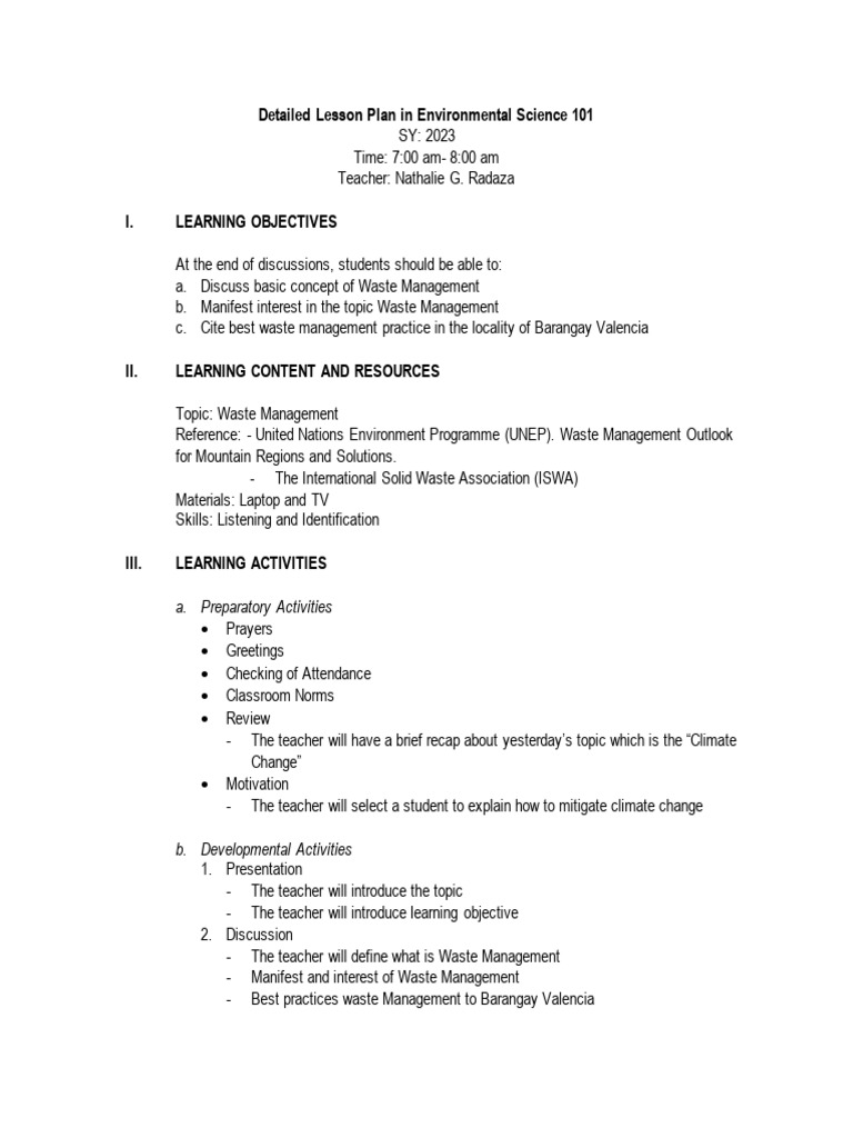 Detailed Lesson Plan in Environmental Science 101 | Download Free PDF ...