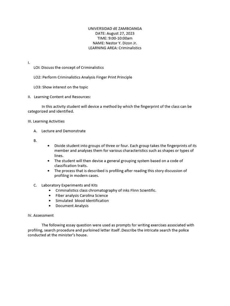 Lesson Plan | PDF | Forensic Science | Fingerprint