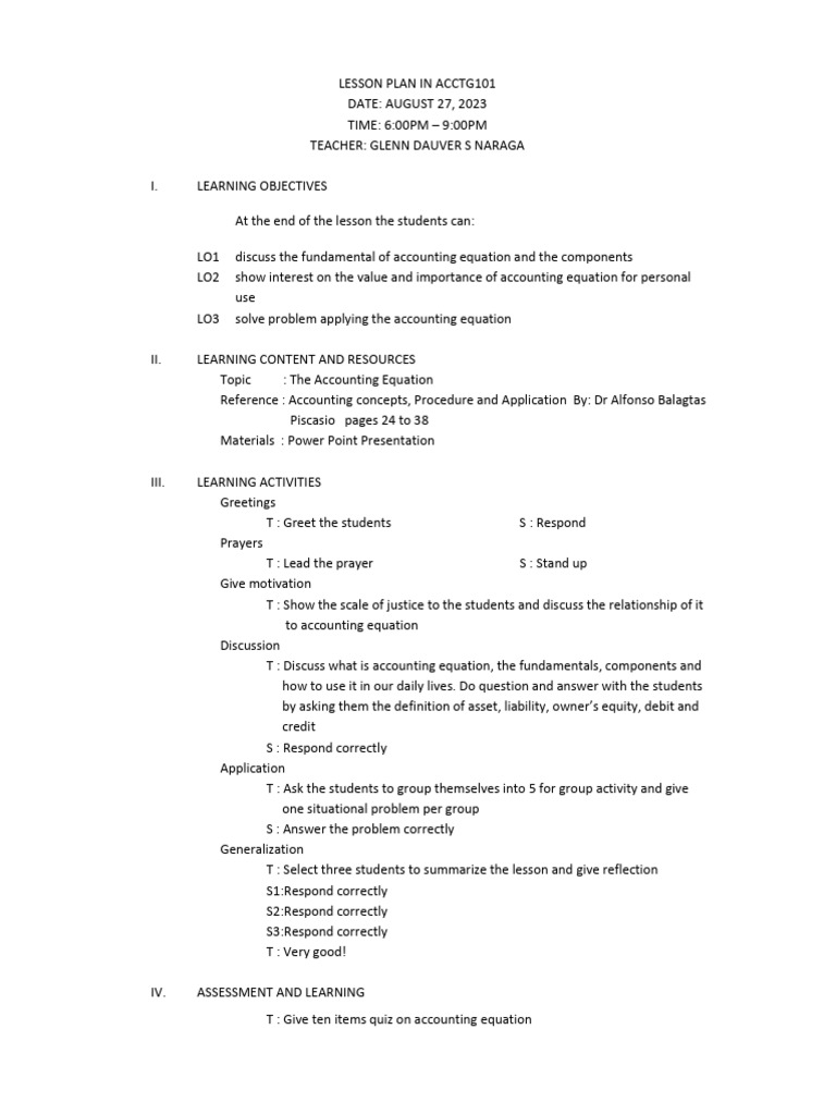 Lesson Plan | PDF | Debits And Credits | Accounting