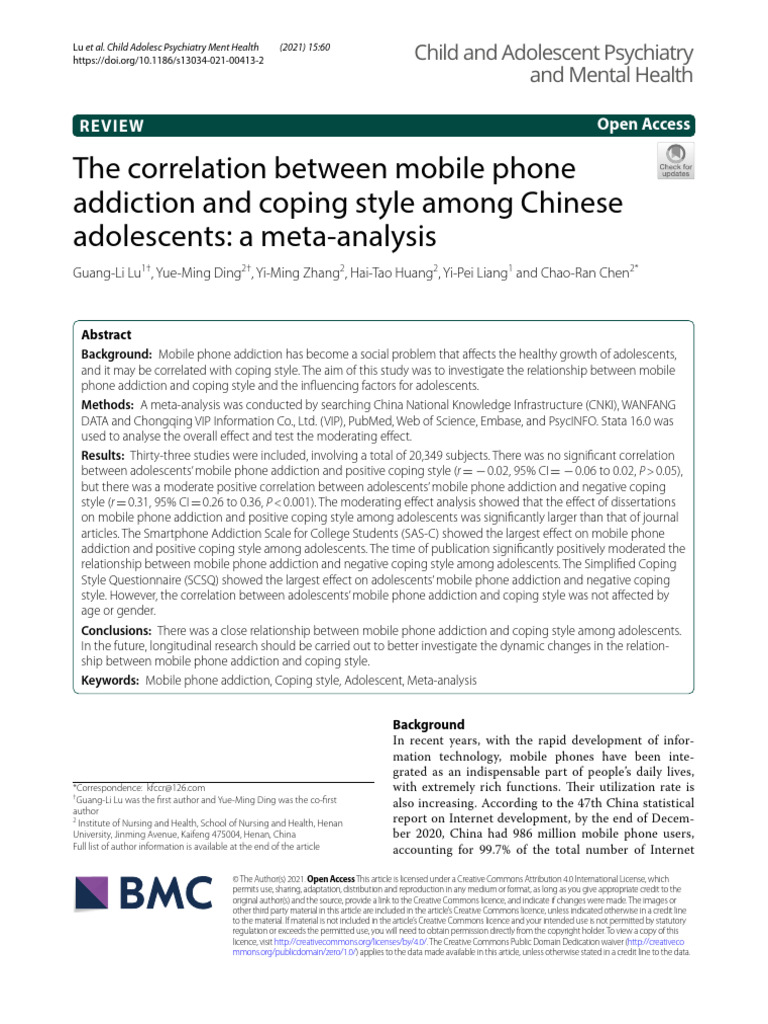 The Correlation Between Mobile Phone Addiction and Coping Style Among Chinese Adolescents: A ...