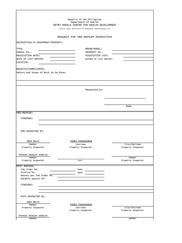 Pre-Repair Inspection Request Form | PDF