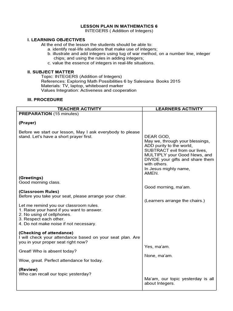 Math 6lesson Plan | Download Free PDF | Stocks | Numbers