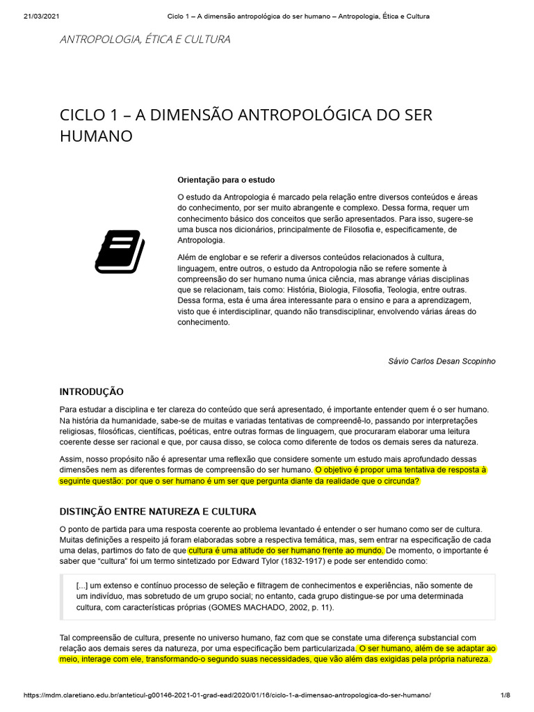 Dimensão Antropológica do Ser Humano | PDF | Antropologia | Humano