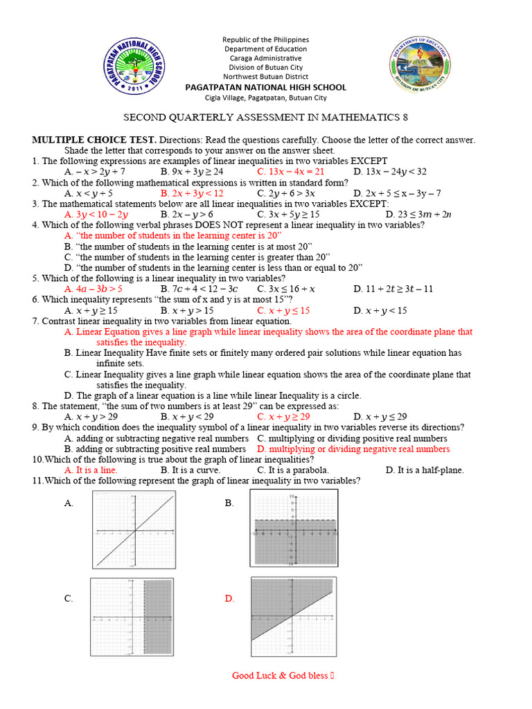 Math 8 Second Quarterly Assessment | PDF | Inequality (Mathematics ...