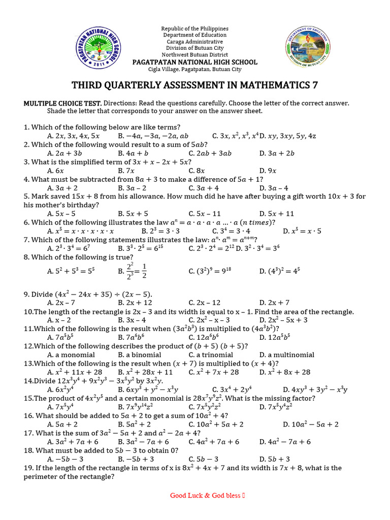 Math 7 Third Quarterly Assessment | PDF | Line (Geometry) | Angle