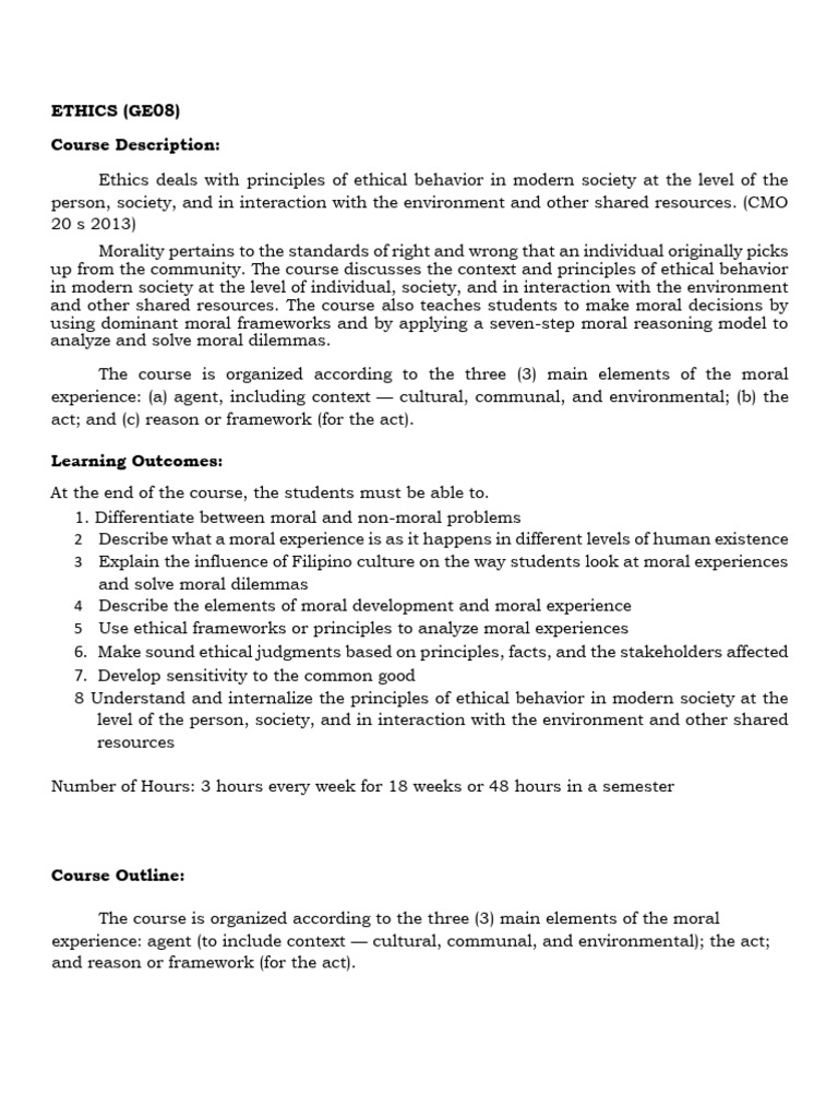 ETHICS Syllabus | Download Free PDF | Morality | Reason