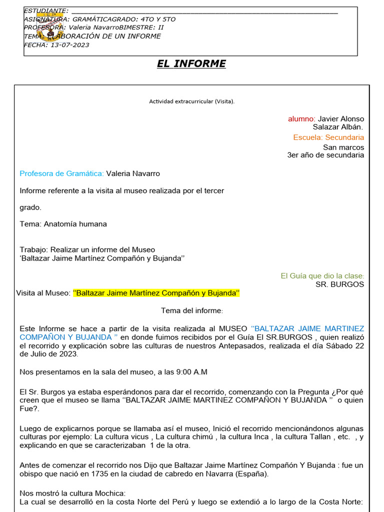 El Informe de Visita Al Museo | PDF