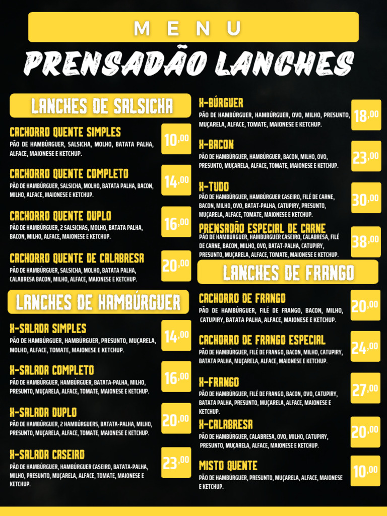 Cardápio Prensadão Lanches | PDF | Cachorro-quente | Hambúrgueres