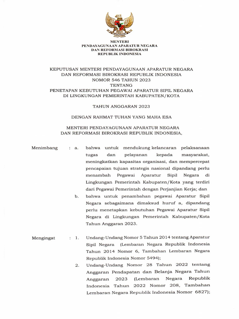 Kepmen 546 TH 2023 Penetpan Keb. Asn | PDF