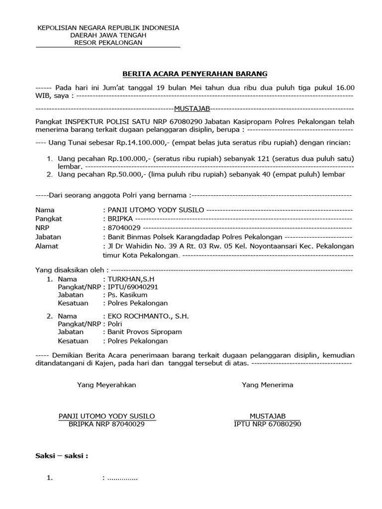 Berita Acara Penyerahan Penitipan Barang NKB | PDF