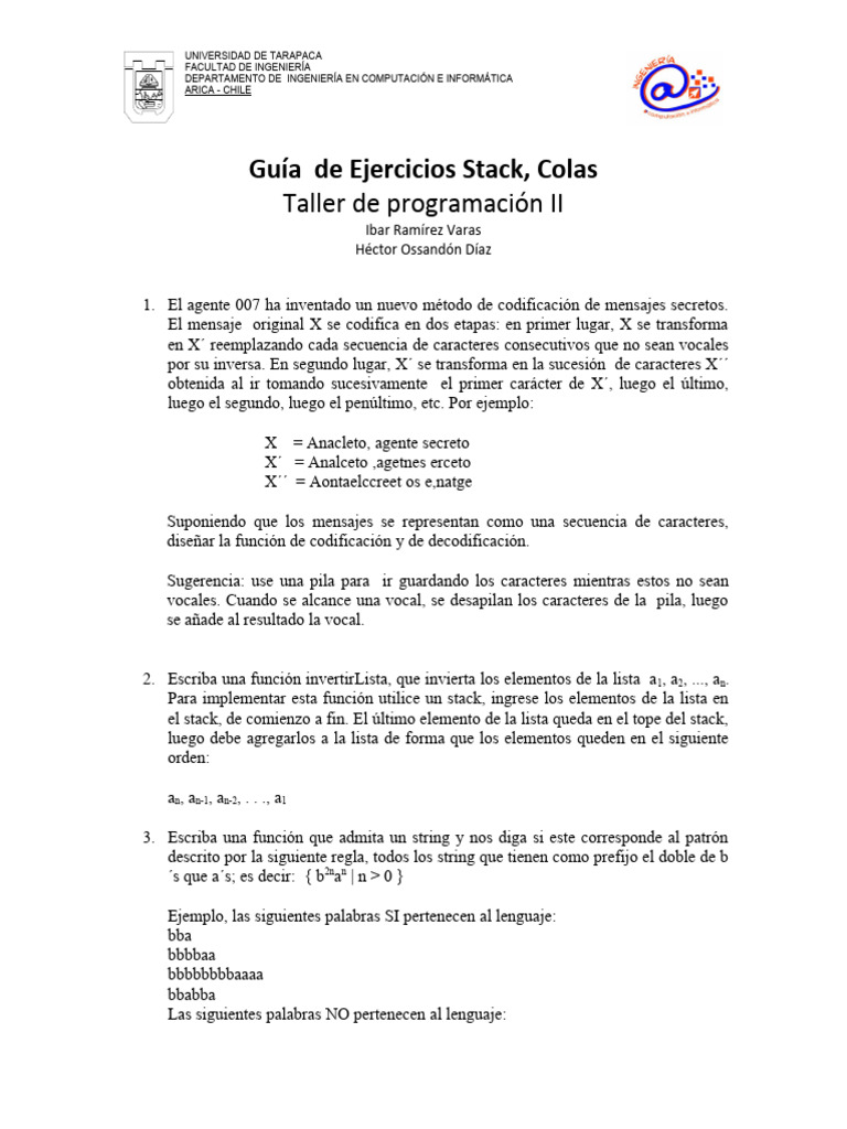 Guía de Ejercicios Stack, Colas: Taller de Programación II | PDF ...