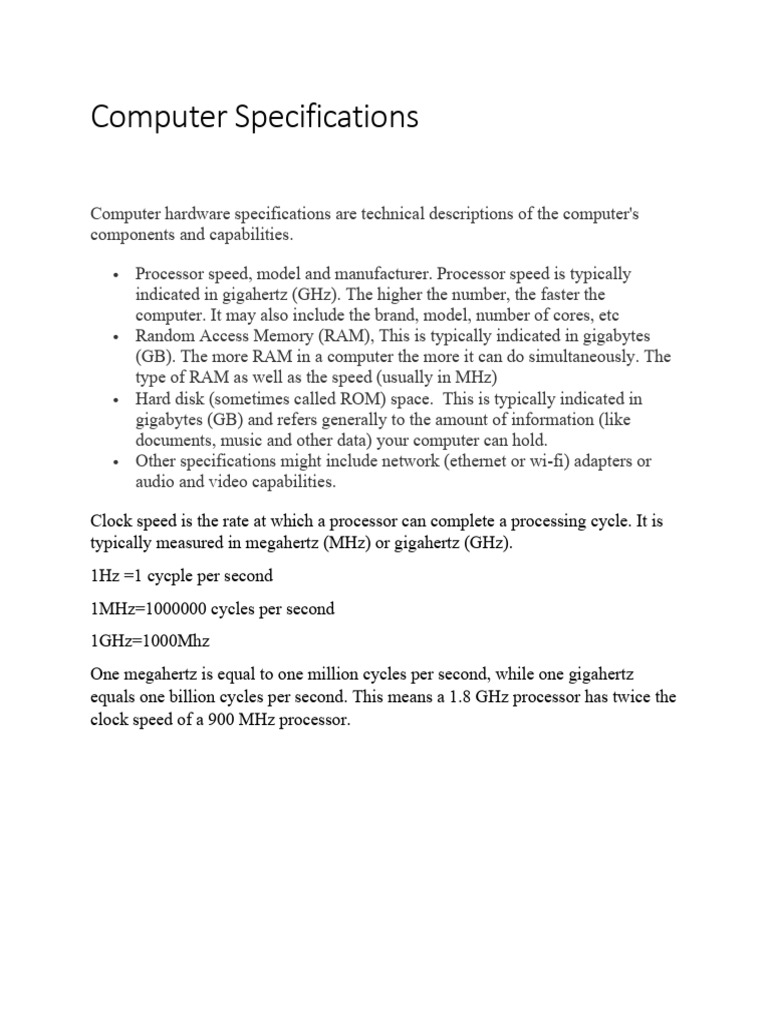 Computer Specifications | PDF | Random Access Memory | Hertz