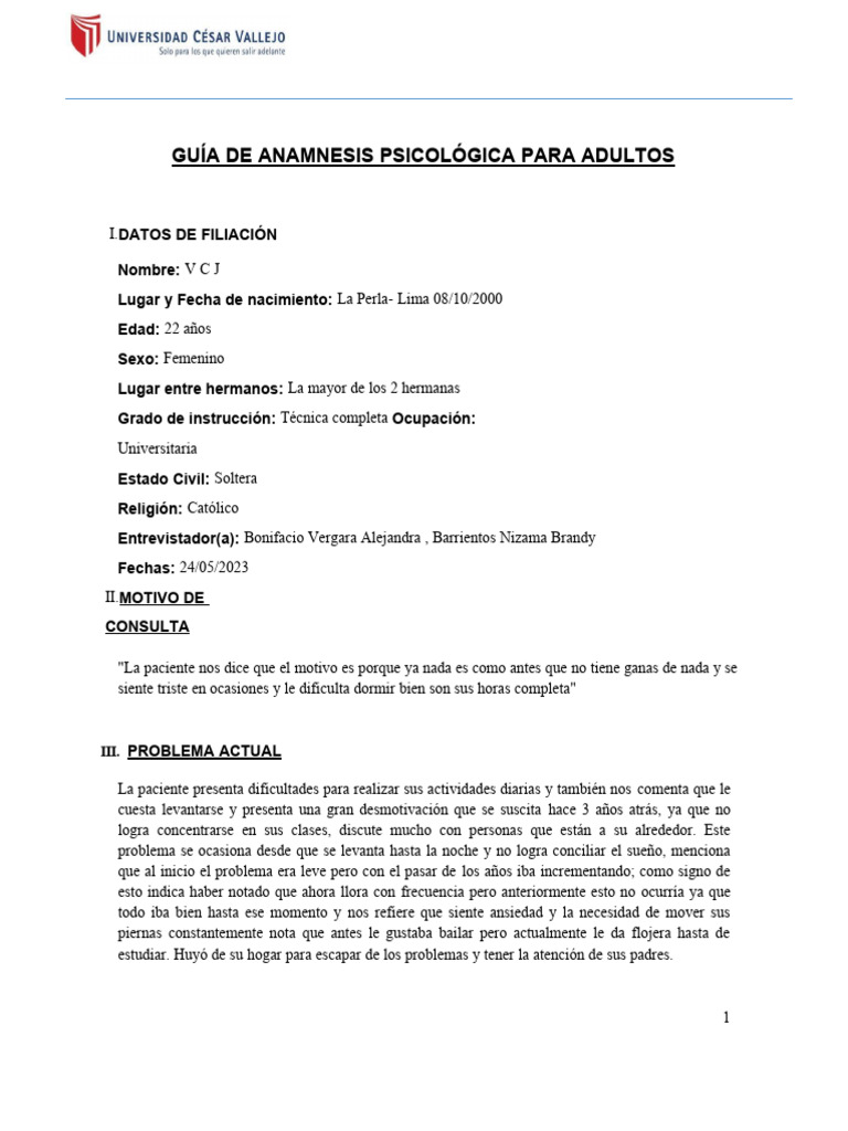 Guía de Anamnesis Psicológica Adultos | PDF | Salud y bienestar