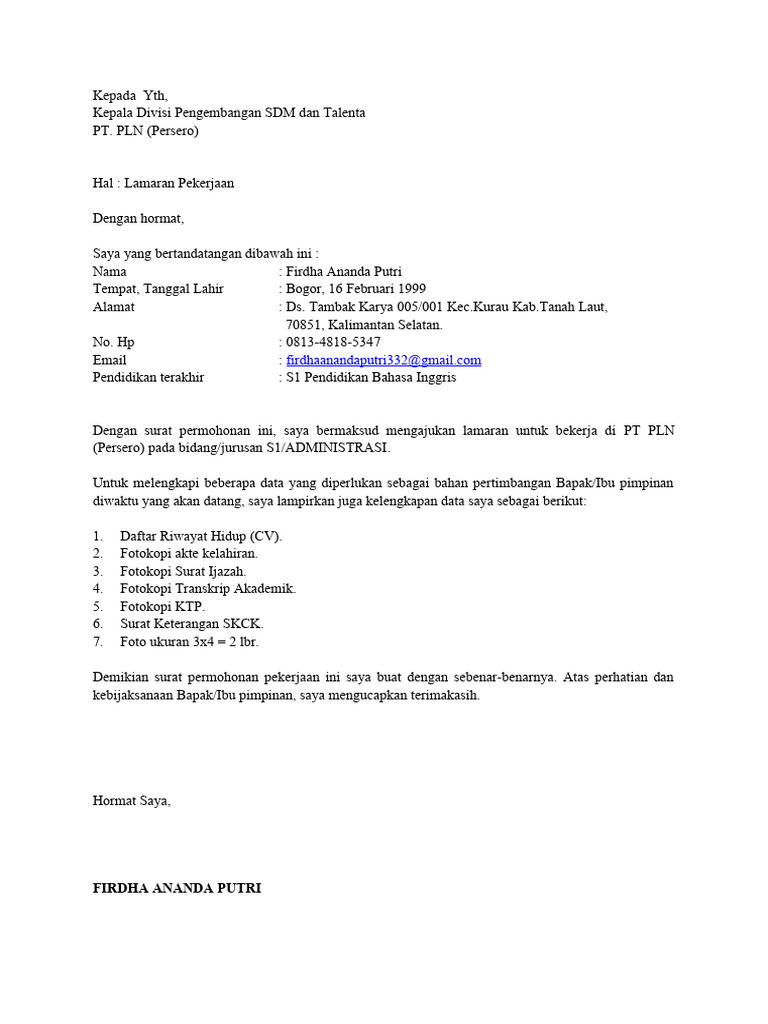 Surat Lamaran Kerja PLN | PDF